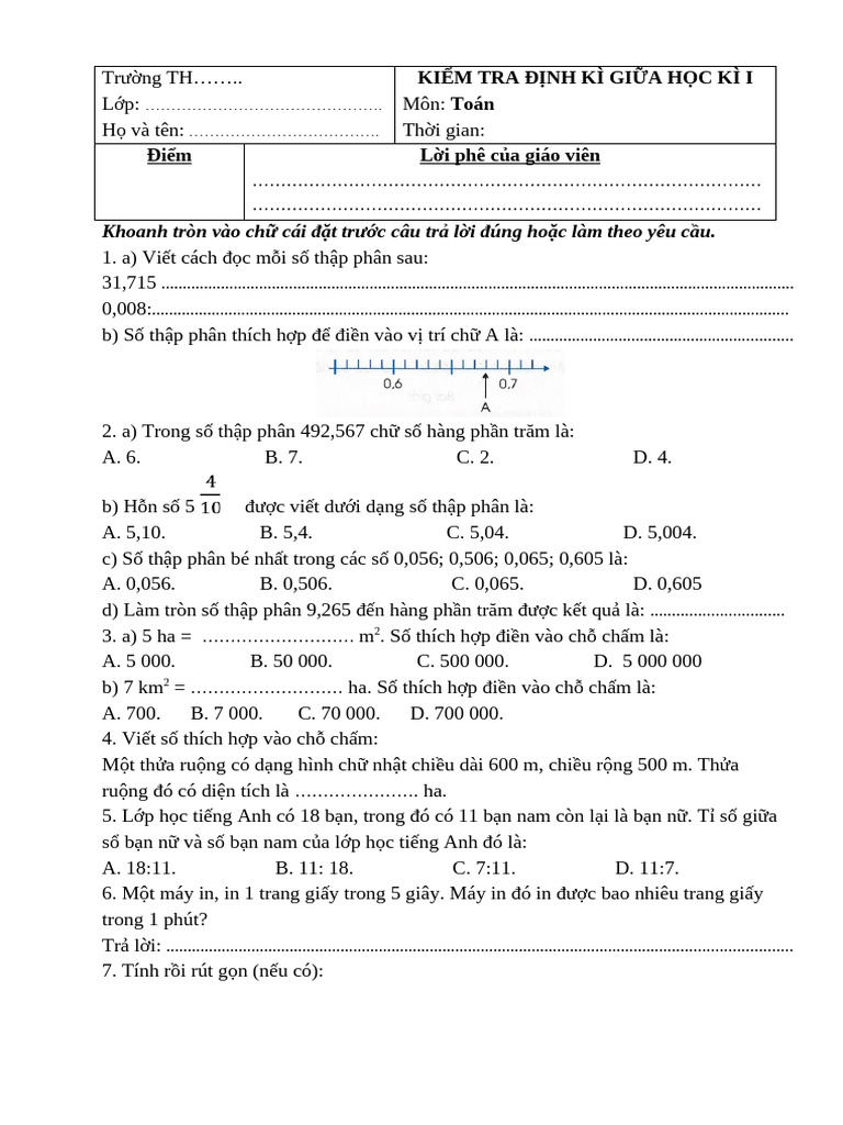 De Thi GK1 Toan 5 KNTT de 1 | PDF