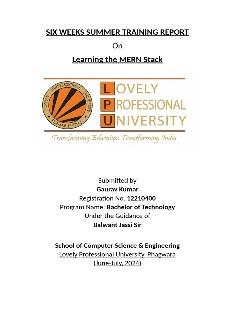 MERN Stack Summer Training Report | PDF | Web Development | Java Script