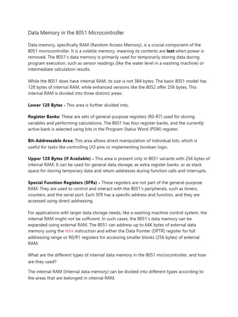 Data Memory in The 8051 Microcontroller | PDF | Classes Of Computers | Computer Science