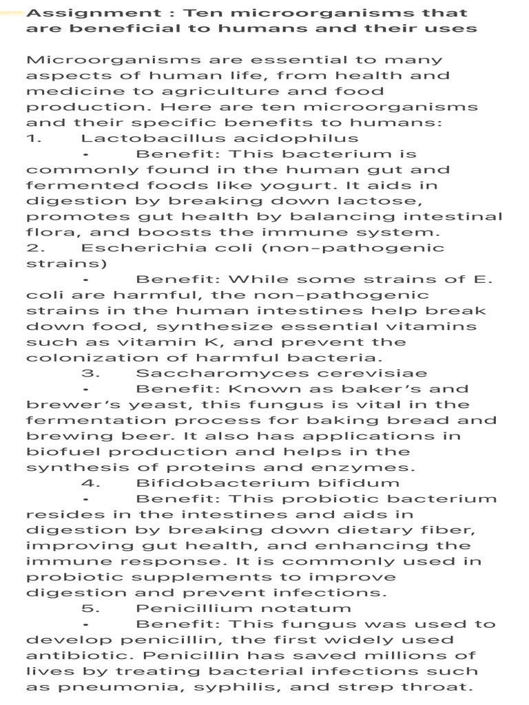 Assignment: Ten Microorganisms That Are Beneficial To Humans and | PDF | Probiotic | Bacteria