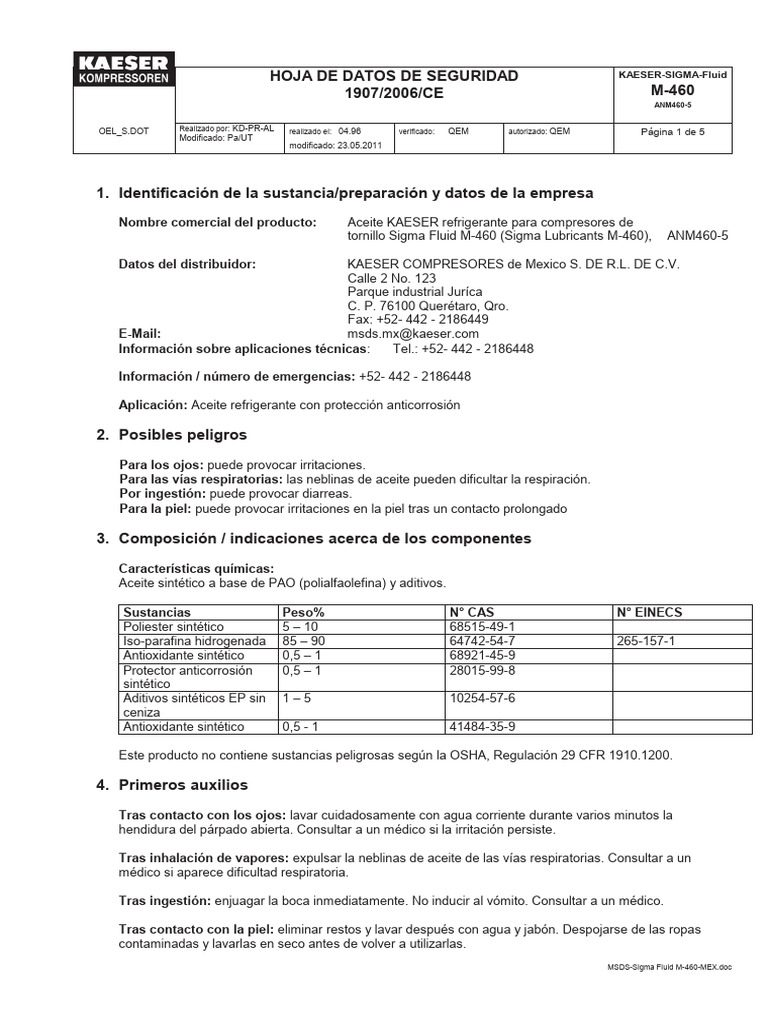 2 Msds Aceite Kaeser Sigma Fluid | PDF | Agua | Combustión