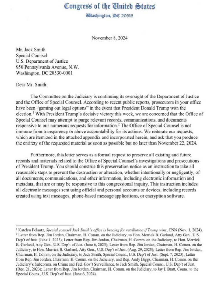 11-08-2024 - Judiciary Preservation Letter To Jack Smith | PDF