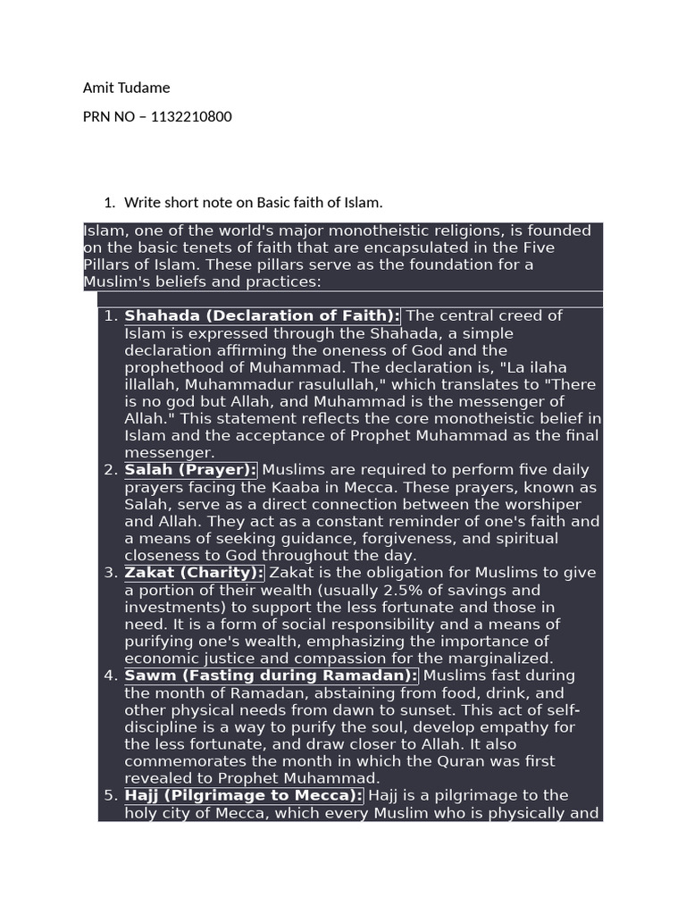 Amit Tudame PRN NO - 1132210800: Shahada (Declaration of Faith) | PDF | Religious Belief And ...