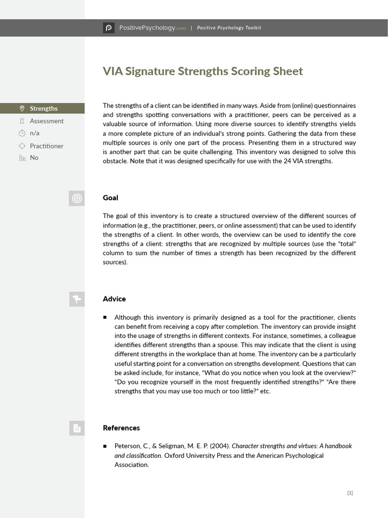 VIA Signature Strengths Scoring Sheet | PDF | Humility | Behavior ...