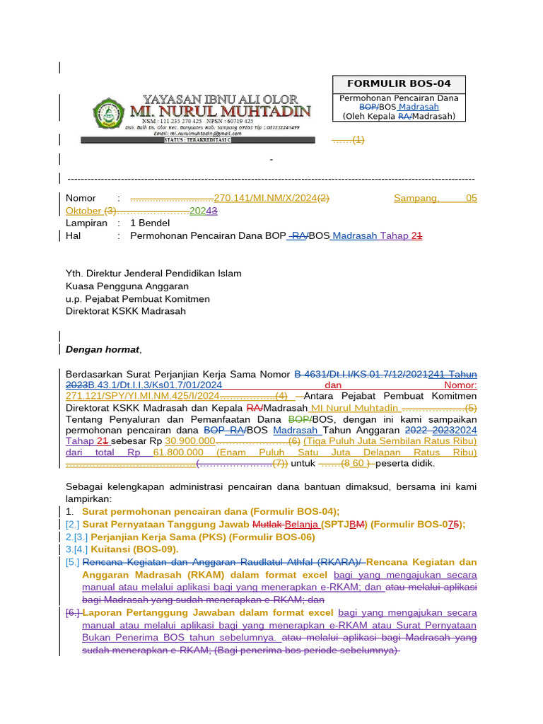 Surat Permohonan Pencairan Dana BOS TA 2024 | PDF