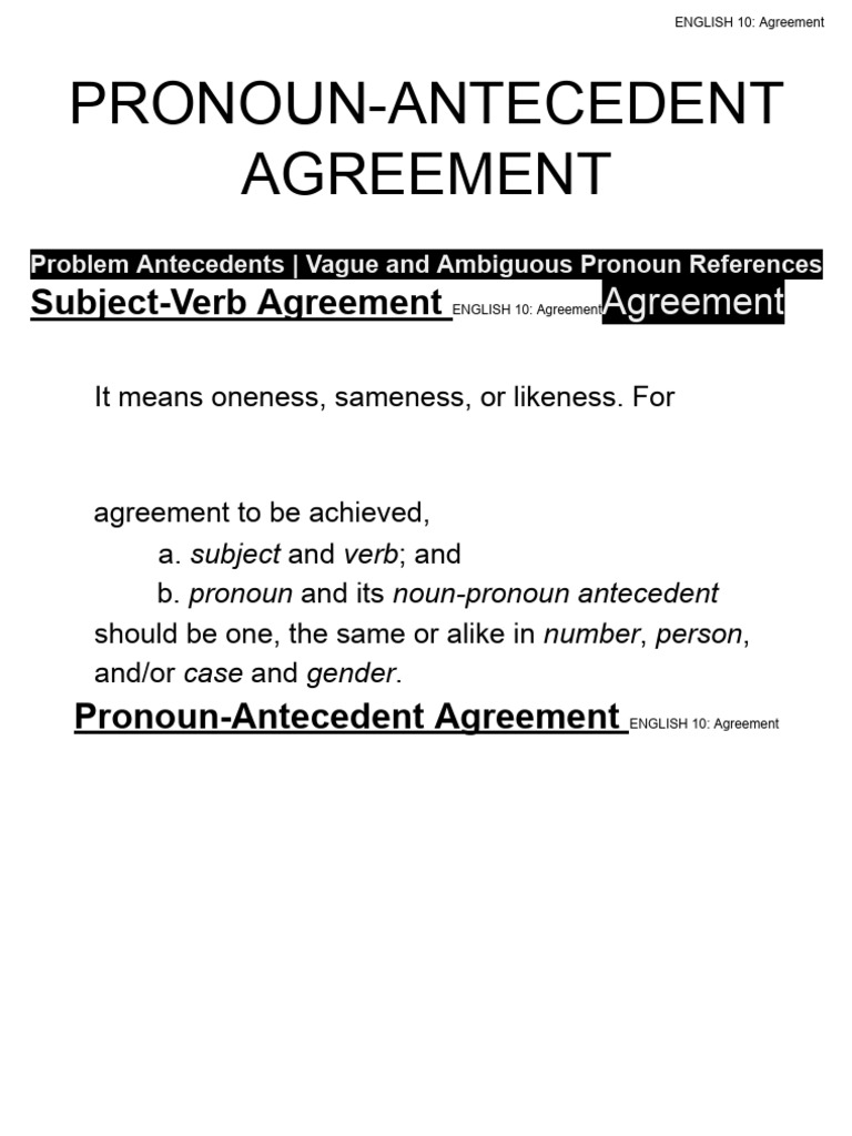 English 10 (Pronoun-Antecedent Agreement) | PDF | Pronoun | Grammatical ...