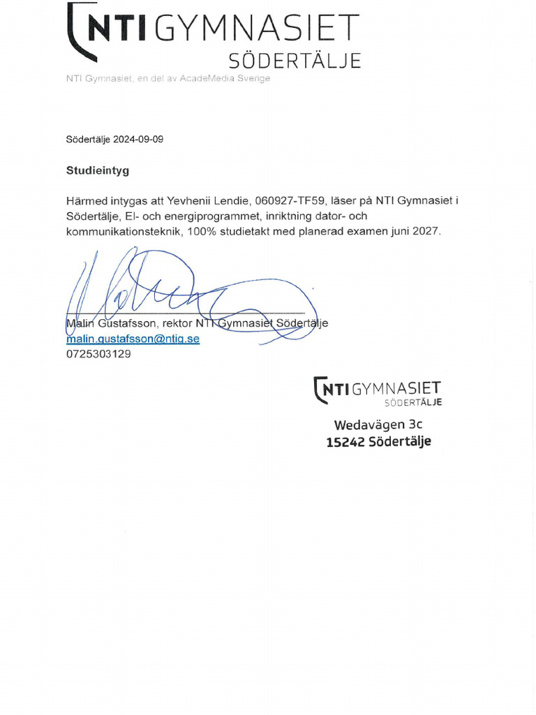 Y.L EE24 Studieintyg | PDF