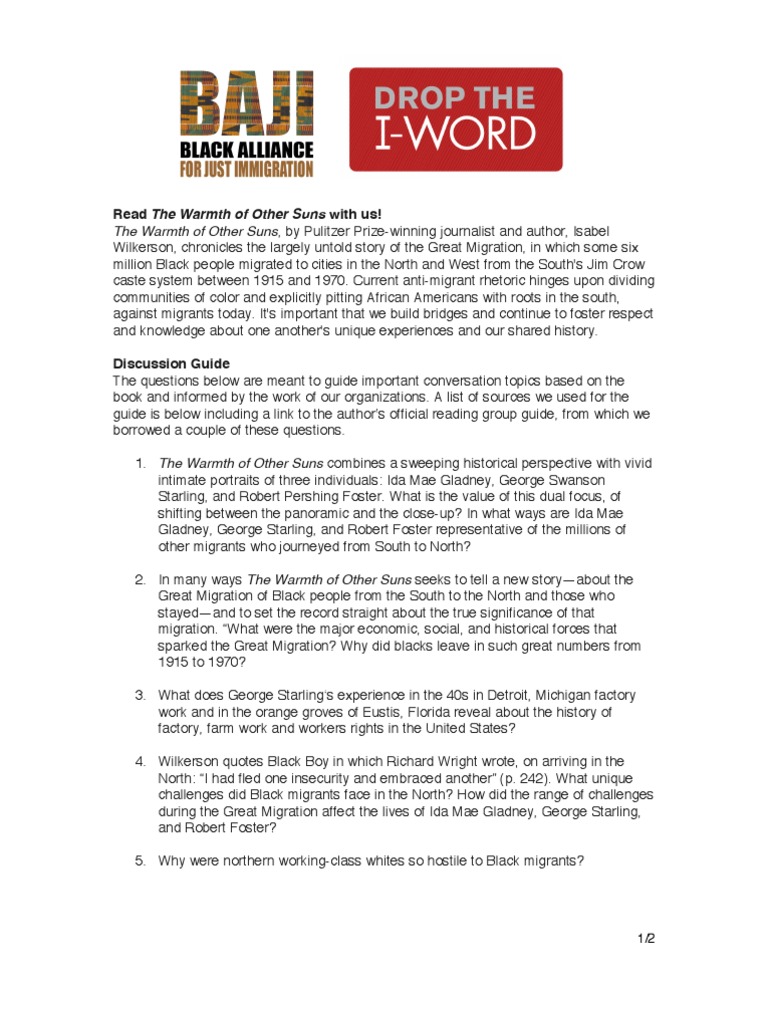 Warmth of Other Suns Reading Guide | PDF | Immigration | Racism