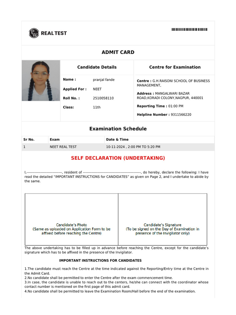 Admitcard 2510058110 6408078 | PDF | Identity Document | Government And ...