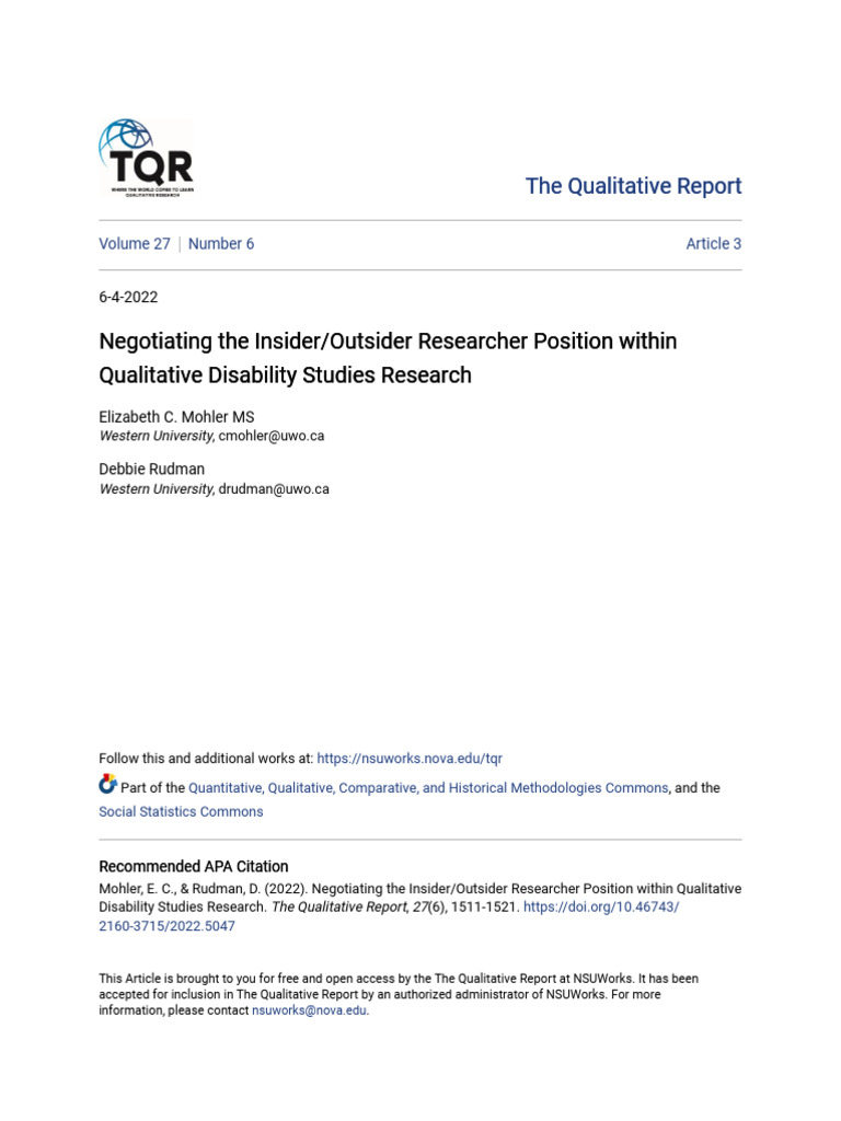 Insider/Outsider Dynamics in Disability Research | PDF | Reflexivity ...