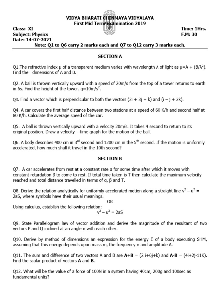 Class 11 Mid Term 1 Physics 2019 | PDF | Euclidean Vector | Velocity