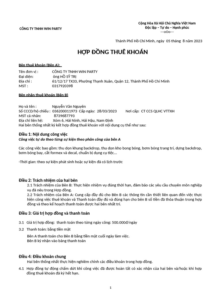 Hop Dong Giao Khoan - Nguyen Van Hoa | PDF