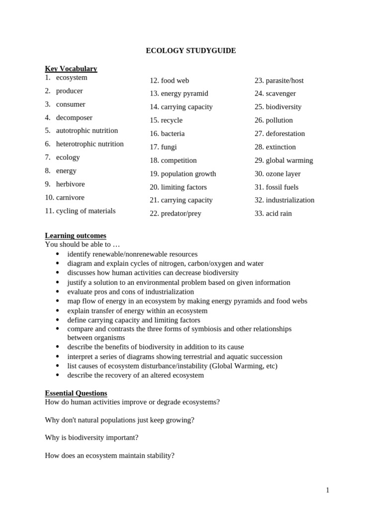 Ecology Study Guide & Key Concepts | PDF | Ecosystem | Ecology