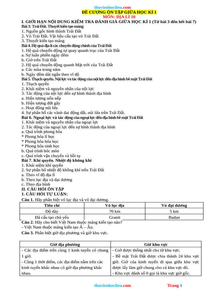 De Cuong Tap Giua HK1 Dia 10 KNTT CTM | PDF