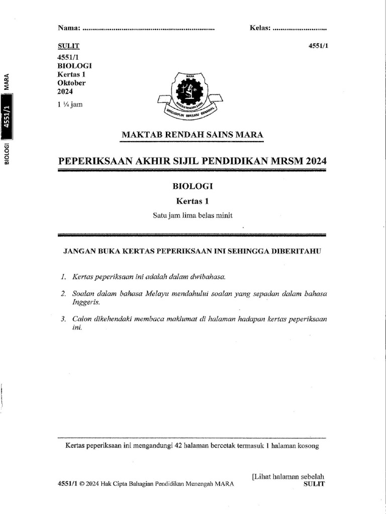 MRSM 2024 - Bio1 | PDF