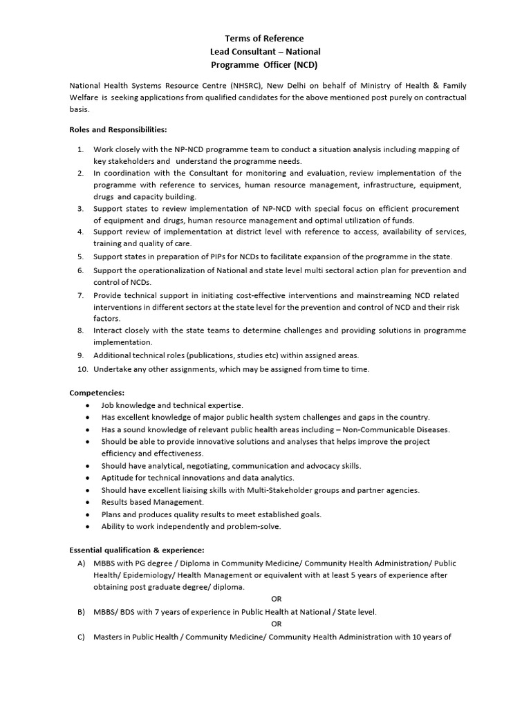 ToR - Lead Consultant | PDF