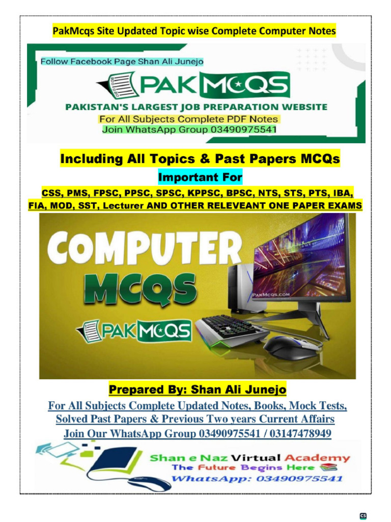 Computer Pakmcqs Complete Notes by Shan Ali Junejo | PDF