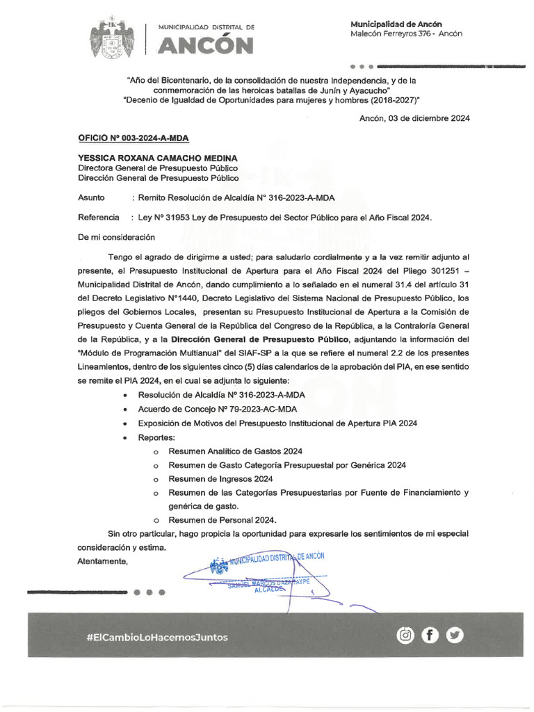 Oficio 003-2024 Mef - Pia 2024 Mda | PDF