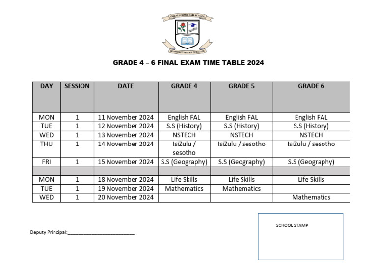 Grade 4-6 2024 Final Exam Time Table | PDF