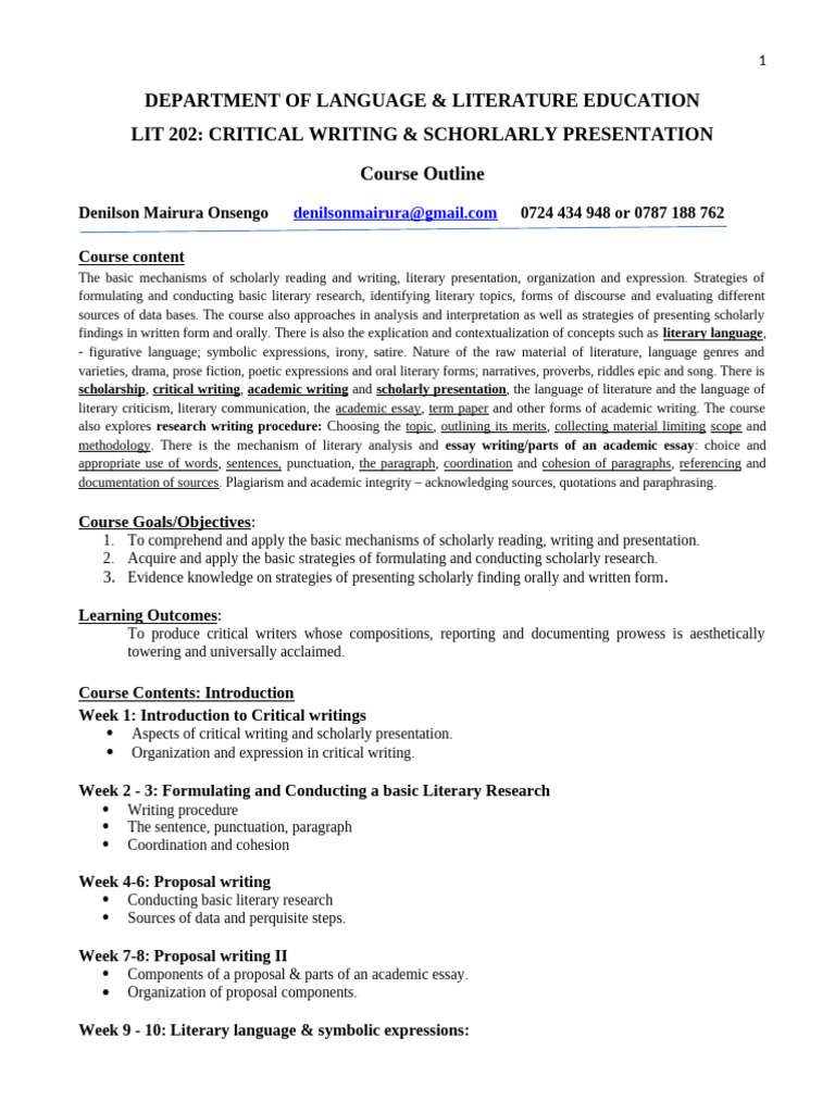 Lit 202 - Course Outline 2024 | PDF | Essays | Plagiarism