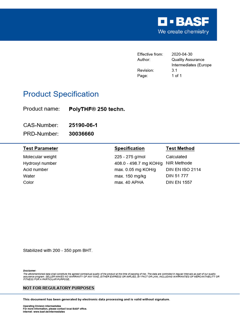 PolyTHF 250 Techn EU EN Product Specification Sheet | PDF