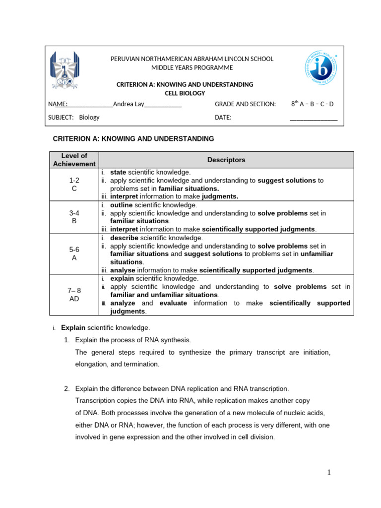 Cell Biology Assessment for 8th Grade | PDF | Rna | Dna