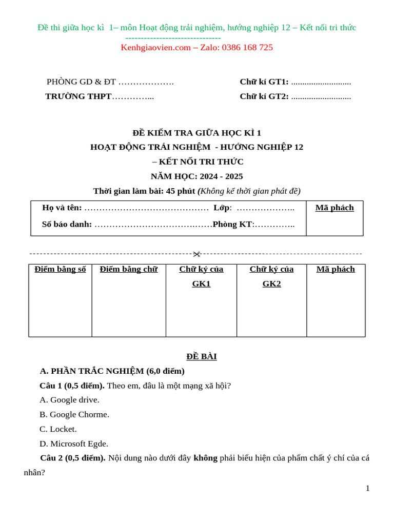 De Thi Ghk1 HDTN 12 KNTT | PDF