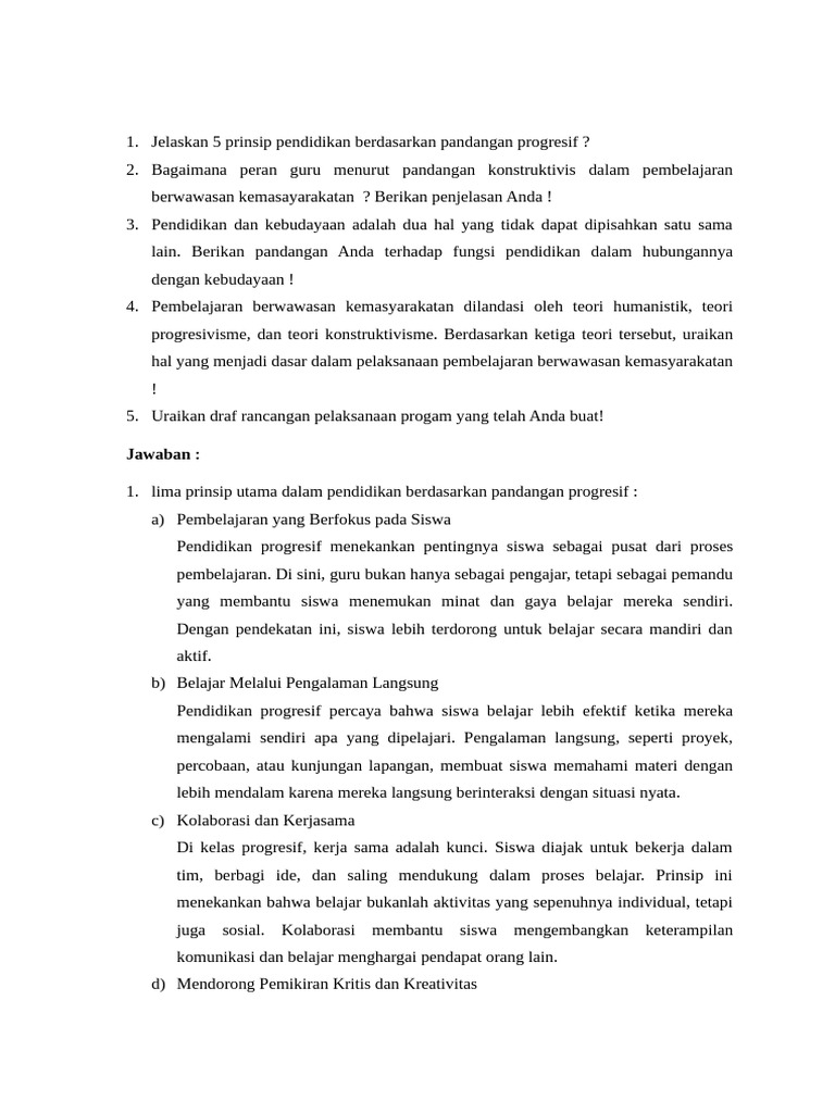 Jelaskan 5 Prinsip Pendidikan Berdasarkan Pandangan Progresif | PDF