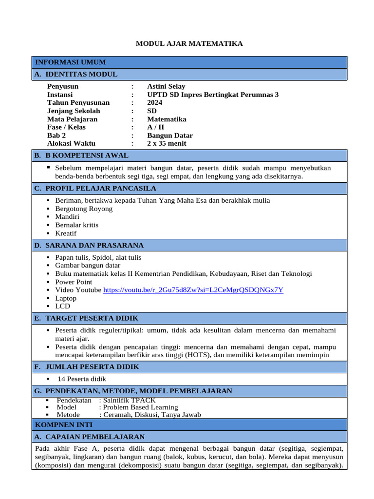 Astini Selay-Modul Ajar Mat Kelas 2a | PDF