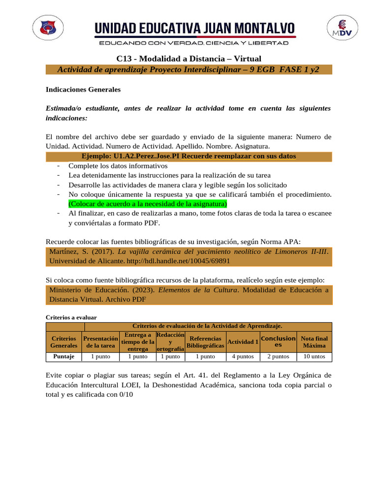 Actividad de Aprendizaje Proyecto Interdisciplinar FASE 9 EGB | PDF