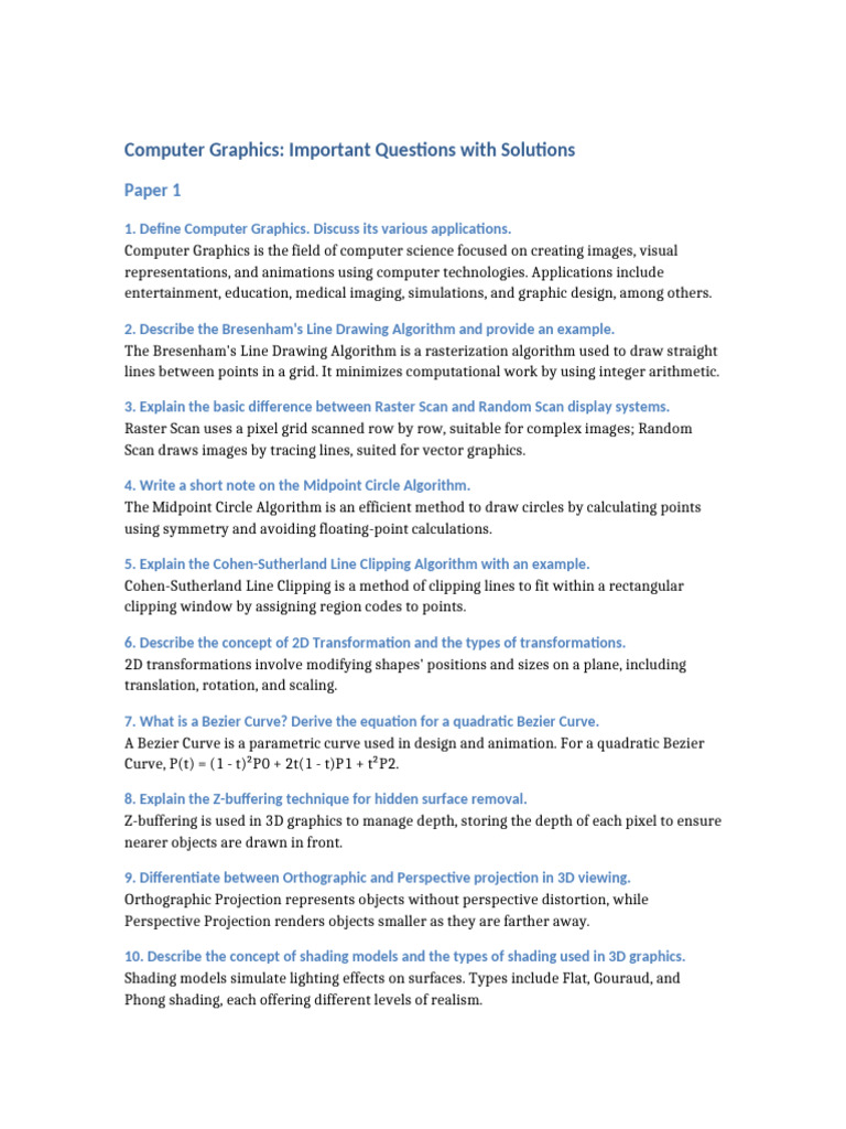 Computer Graphics PYQs Solutions | PDF | Rendering (Computer Graphics) | Computer Graphics