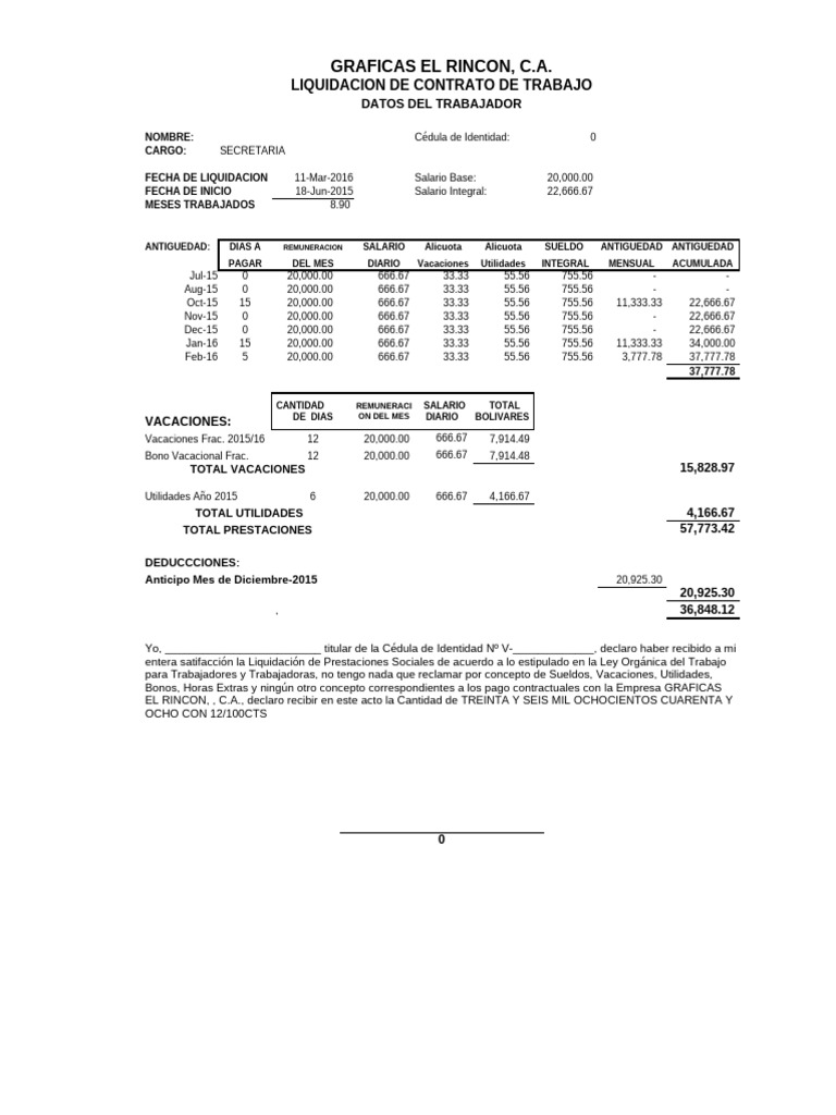 Liquidaci - N El Rincon-2016 | PDF | Labor