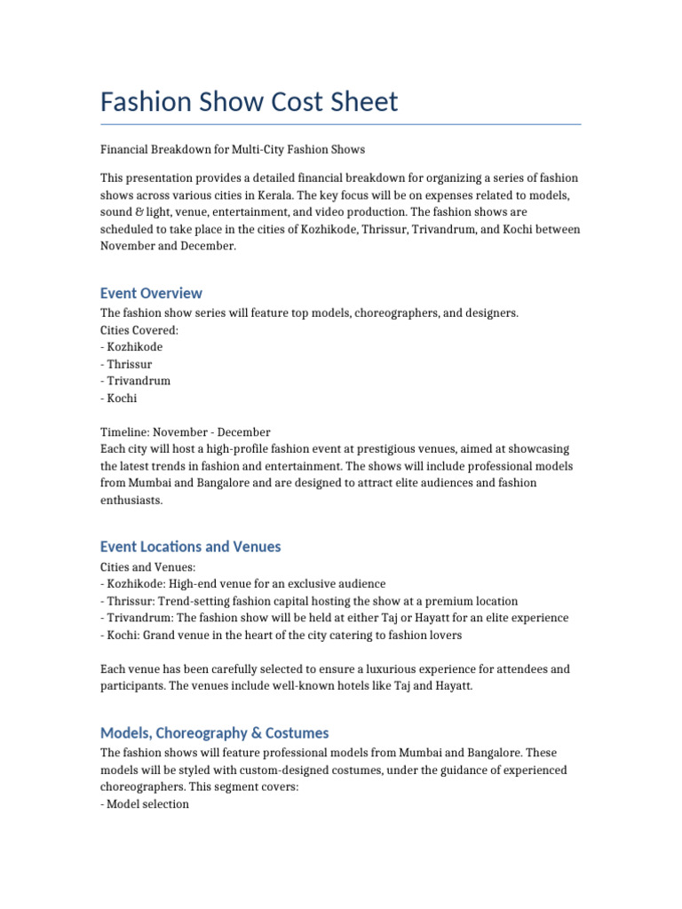 Fashion Show Cost Sheet Presentation | PDF