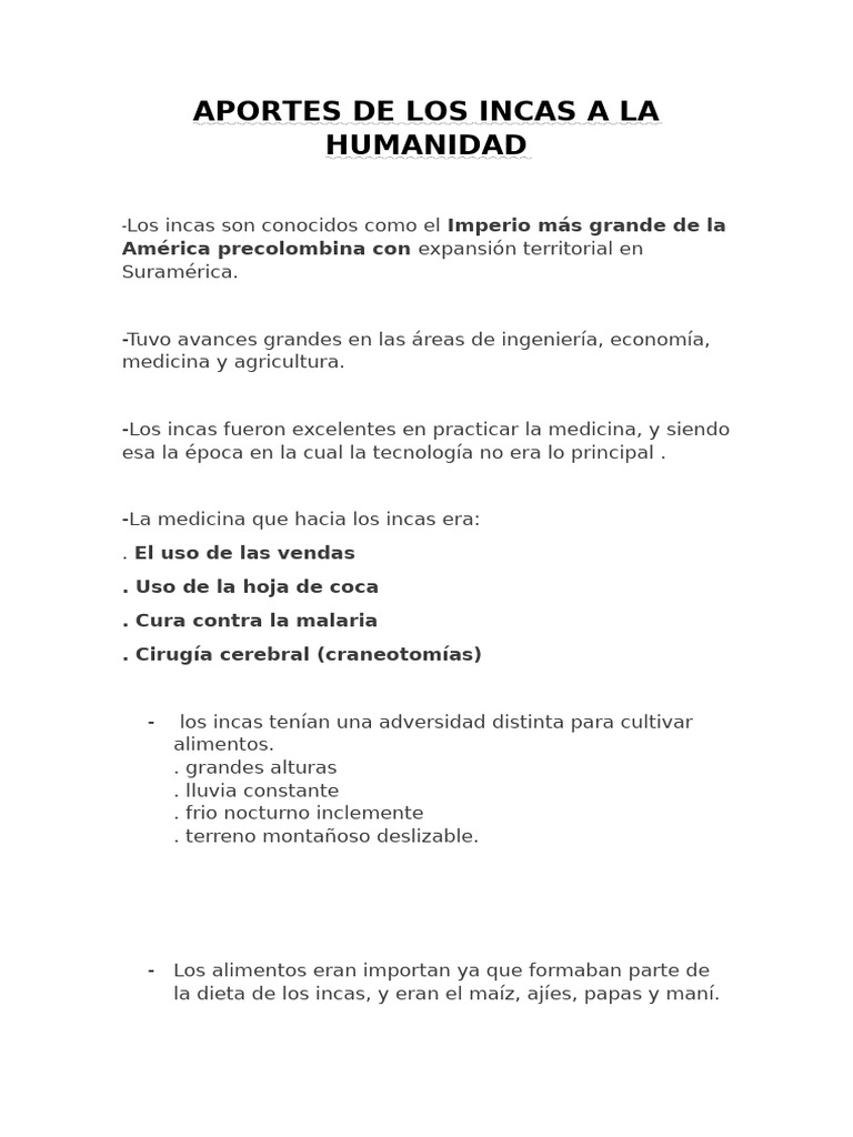 Aportes de Los Incas A La Humanidad | PDF | Viajes y turismo