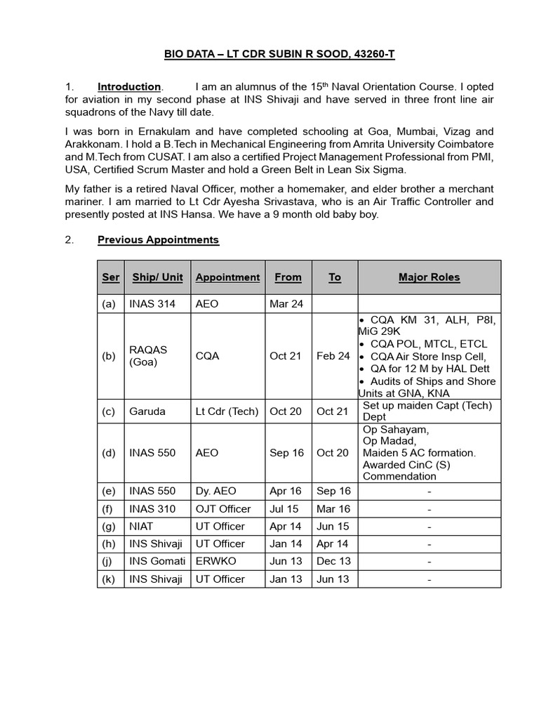 Bio Data - LT CDR SR Sood | PDF