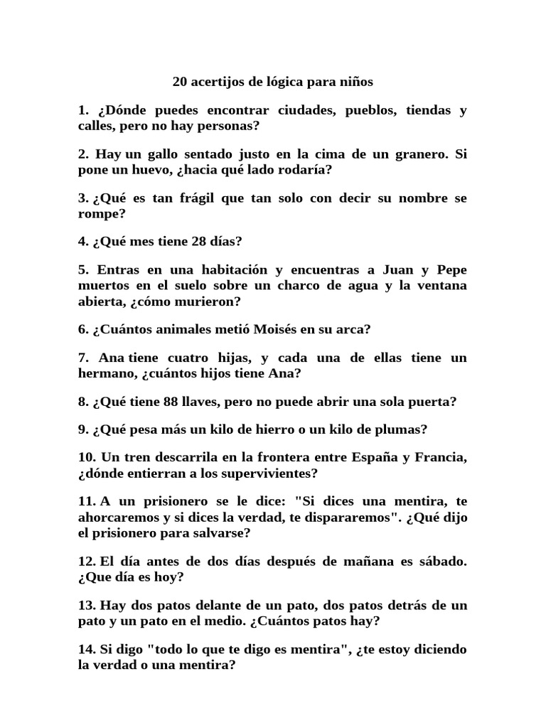 20 Acertijos de Lógica para Niños - PREGUNTAS | PDF