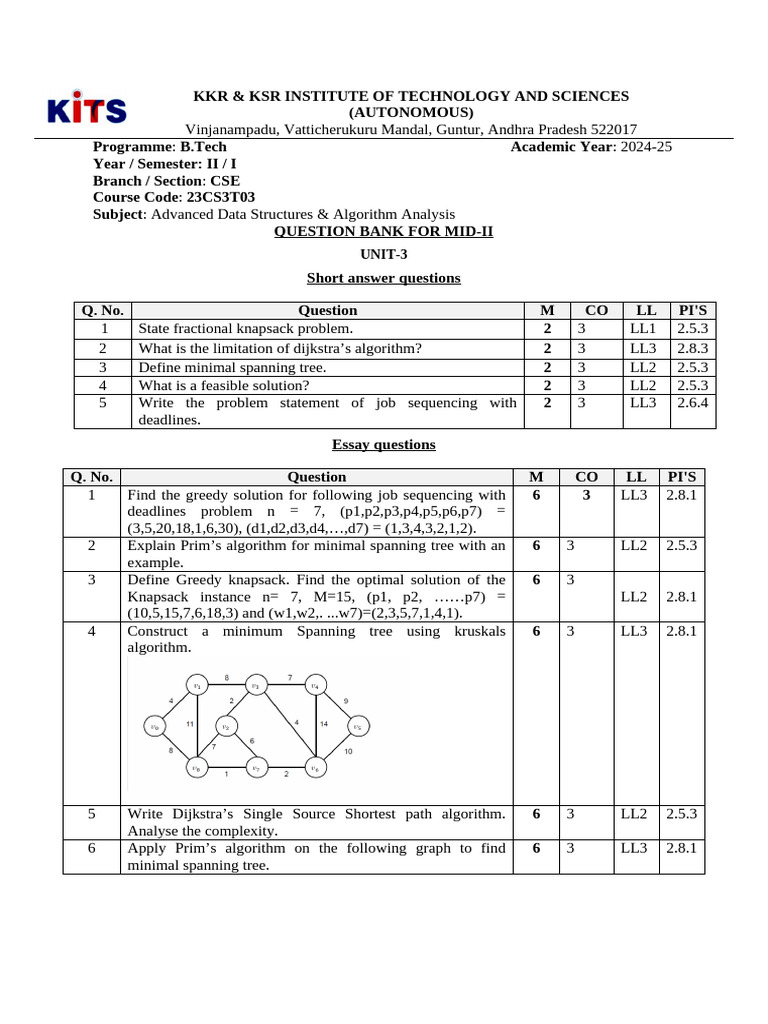 II-B.Tech - I-Sem - Mid 2 QB - (R23) ADSAA - Final | PDF | Dynamic ...