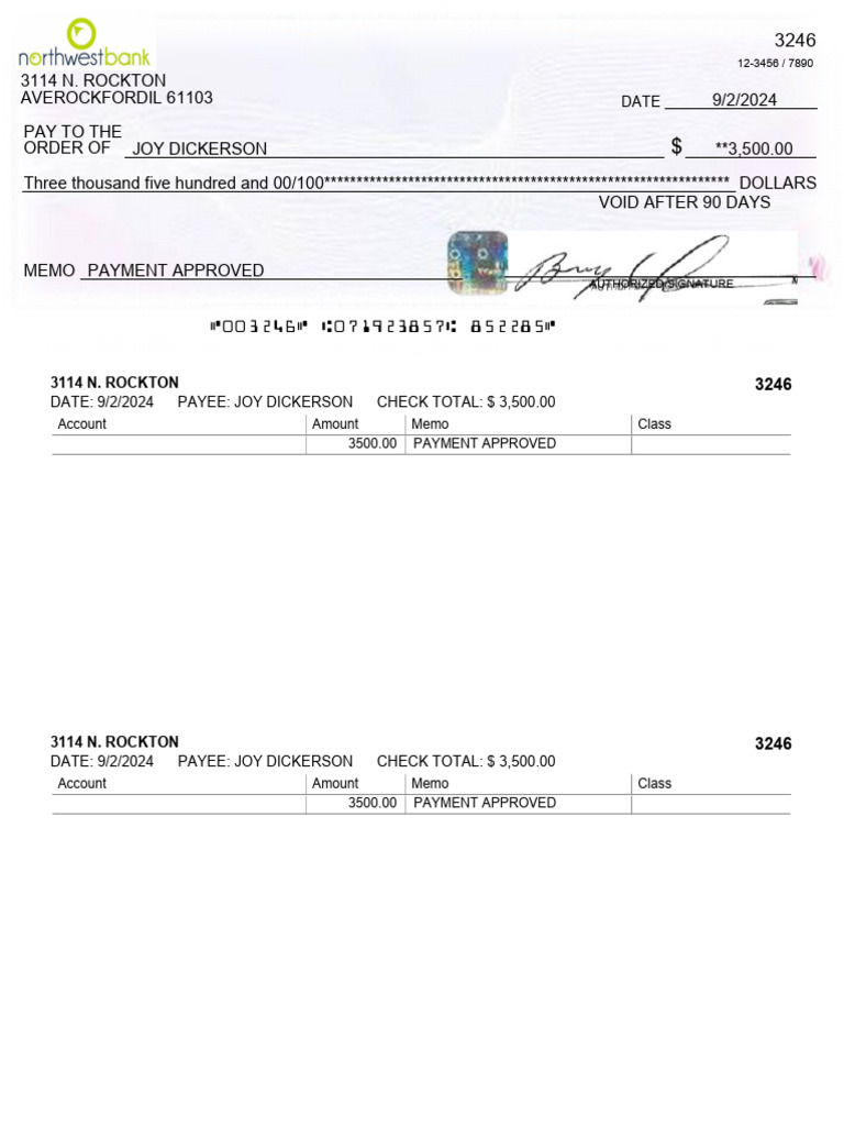 Check Payment to Joy Dickerson | PDF