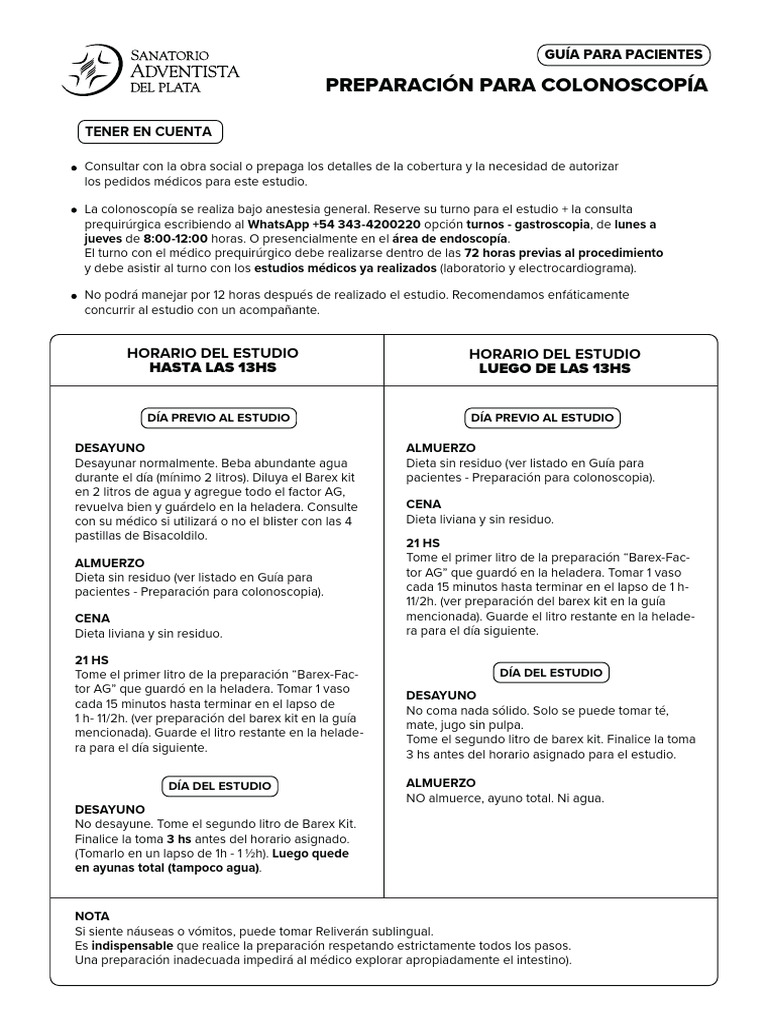 Preparación para Colonoscopía | PDF | Vegetales | Colonoscopia