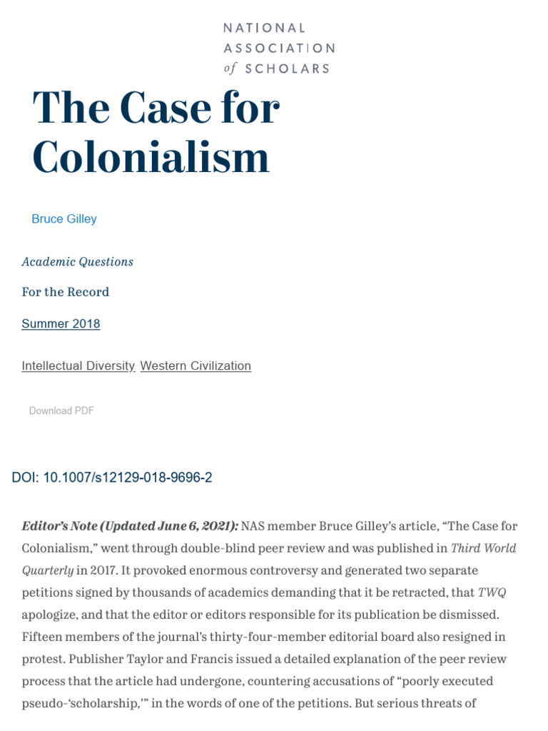 The Case For Colonialism by Bruce Gilley - NAS 2018 | PDF | Decolonization | Colonialism
