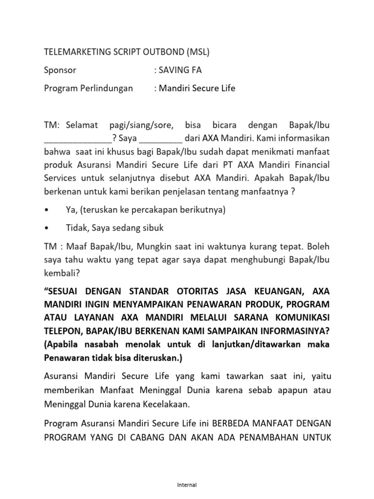 Telemarketing Script MSL - NCB - Saving - Fa - Annual Payment Mode ...