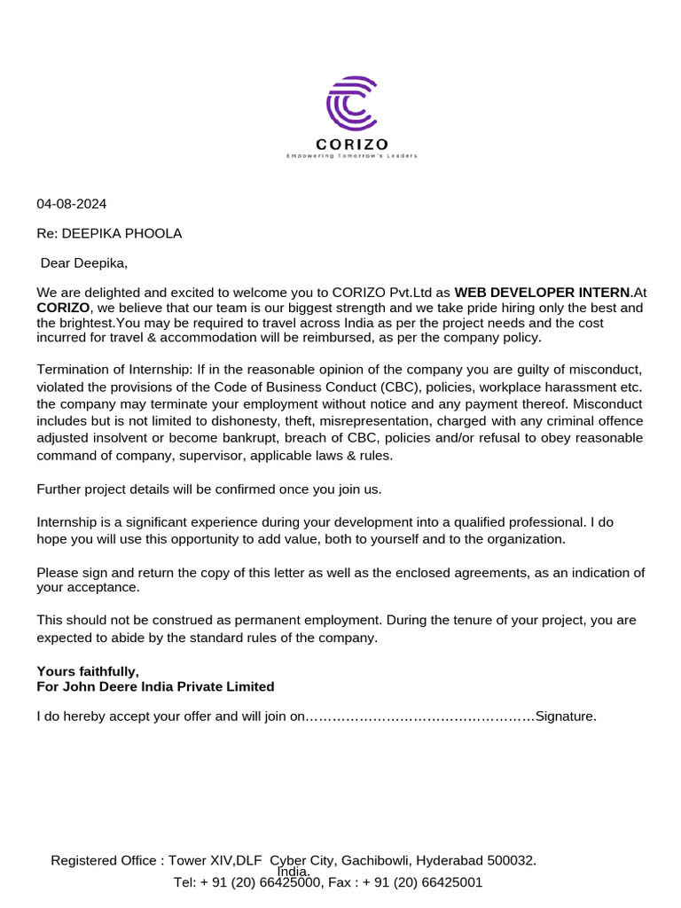 Deepika OFFER LETTER | PDF