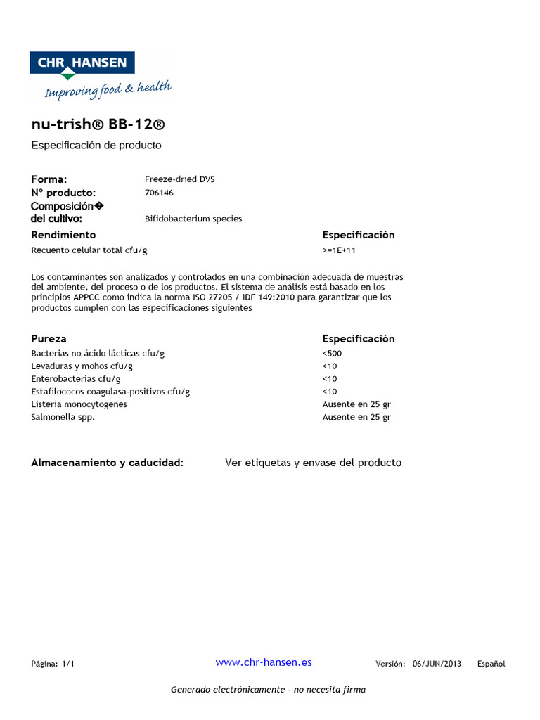 Especificaciones del producto nu-trish® BB-12® | PDF