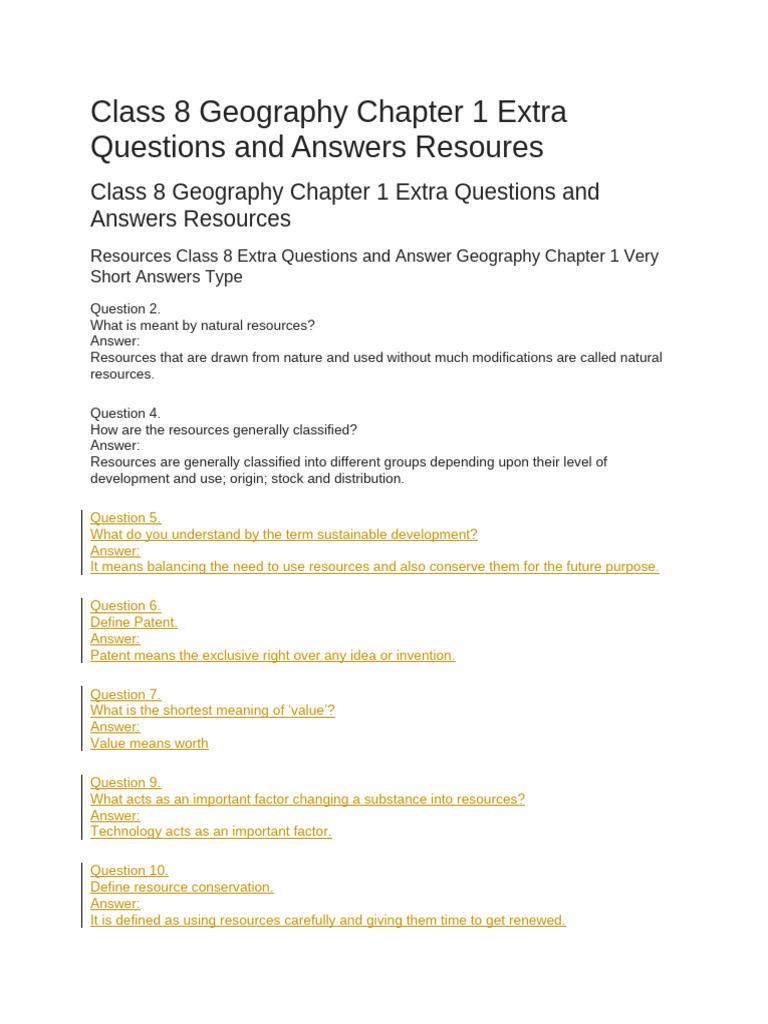 Class 8 Geography Chapter 1 Extra Questions and Answers Resoures | PDF | Resource | Renewable ...