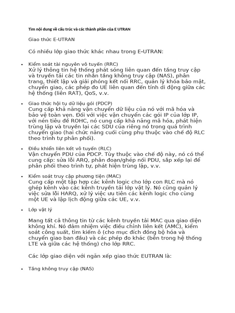 Tìm nội dung về cấu trúc và các thành phần của E UTRAN | PDF