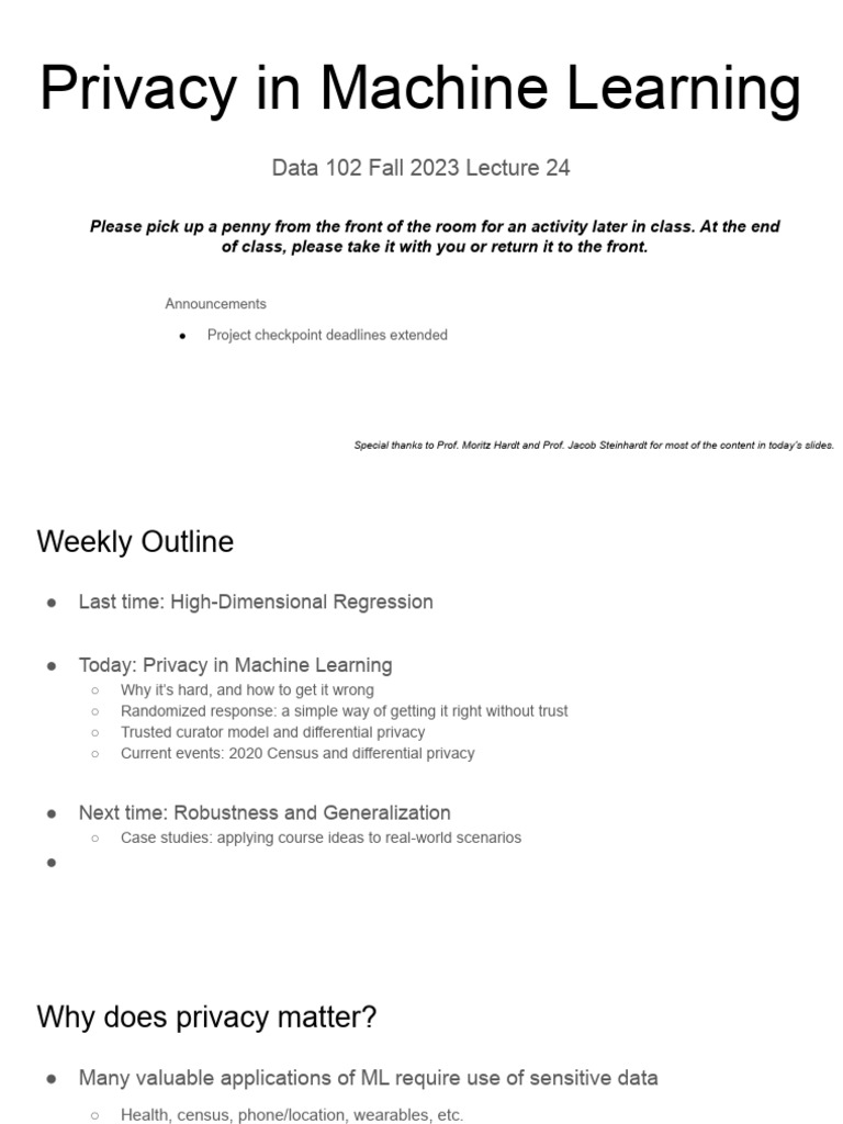 Data 102 Fall 2023 Lecture 24 - Privacy in Machine Learning | PDF