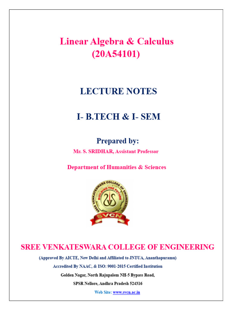 Calculus And Linear Algebra Pdf Matrix Mathematics Linear Algebra