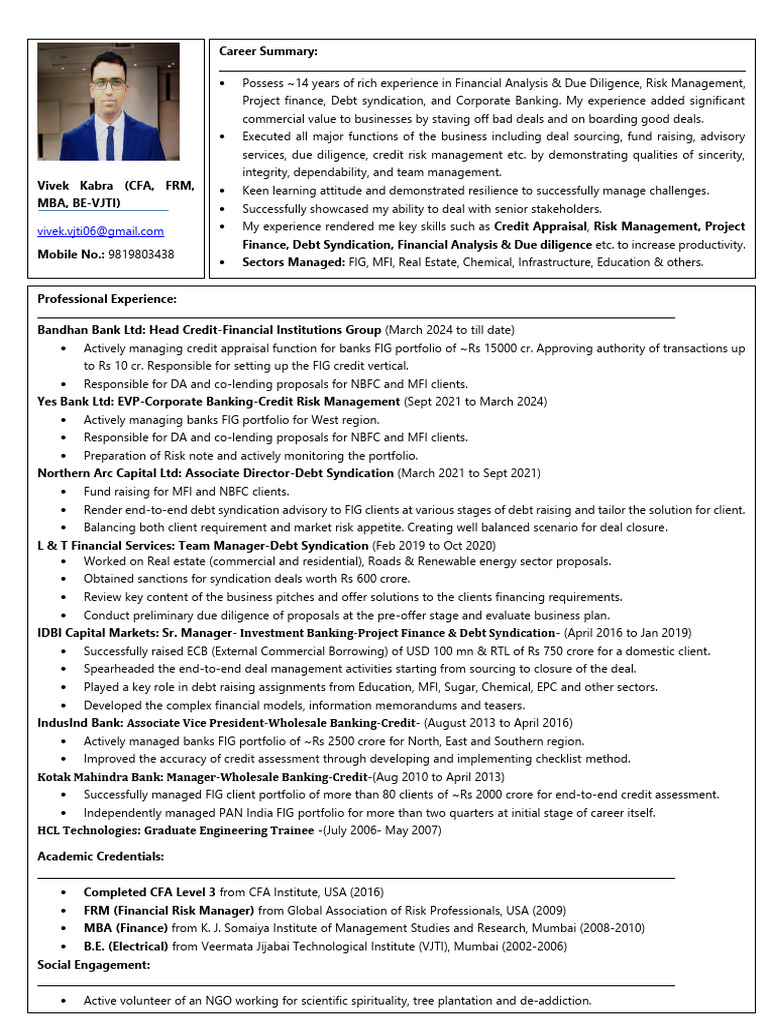 Resume - Vivek Kabra, CFA FRM | PDF | Money | Business