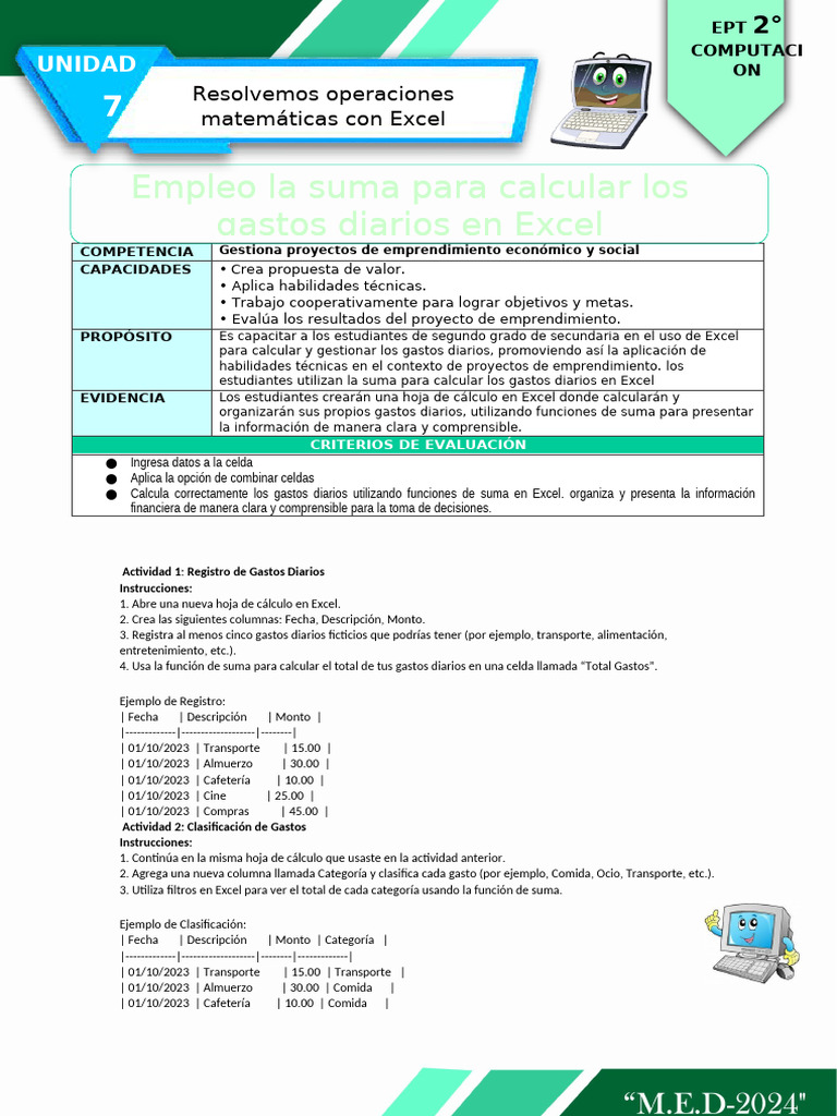 Ficha de Actividad Ept 2°-Semana 3 | PDF | Microsoft Excel | Hoja de cálculo
