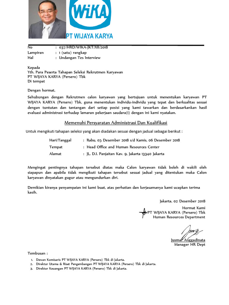 Surat Undangan Tes Seleksi Rekrutmen PT Wijaya Karya (Persero) TBK | PDF